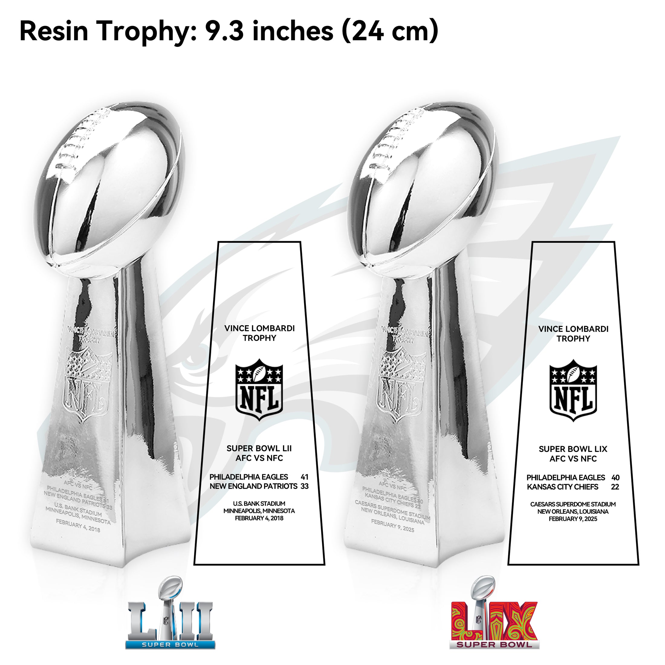 2018 +2025 Vince Lombardi Trophy, Super Bowl LII + LIX, Philadelphia E ...